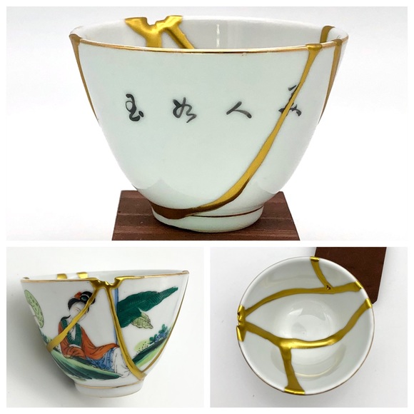 Vintage | Accents | Kintsugi Cup Vtg Chinese Geisha Calligraphy Gold ...